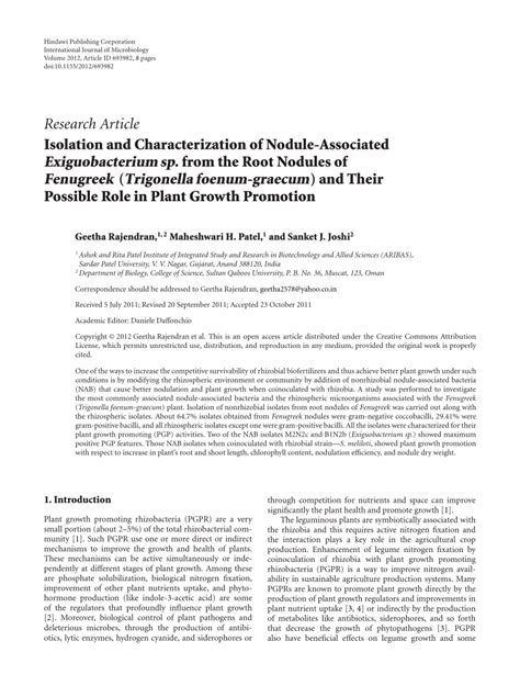 Pdf Isolation And Characterization Of Nodule Associated Exiguobacterium Sp From The Root