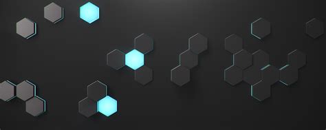 검은 기하학적 육각 추상적 인 배경입니다 표면 다각형 패턴과 파란색 빛나는 육각형 벌집 추상적 인 파란색 자기 발광 육각형 미래