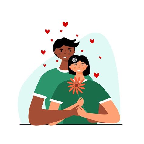 커플 껴안고 Ilustration의 초상화입니다 사랑에 빠진 부부와 함께 납작한 디자인 캐릭터를 껴안다 프리미엄 벡터