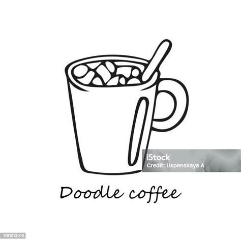 커피 초콜릿 코코아 아메리카노 또는 카푸치노 한 잔 낙서 스타일에서 흰색 배경에 격리 된 검은 색 윤곽선 배너 카드 색칠 공부 책 디자인 비즈니스 메뉴 0명에 대한 스톡