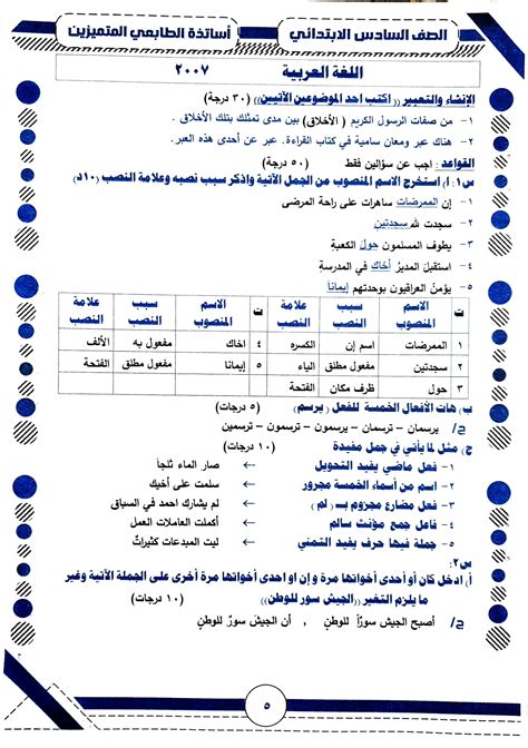 الاسئلة الوزارية عربي صف سادس ابتدائي مع الاجوبة النموذجية للسنوات السابقة