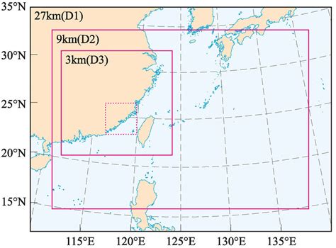 Area Coverage For The Three Nested Domains In The Wrf Model The Dashed