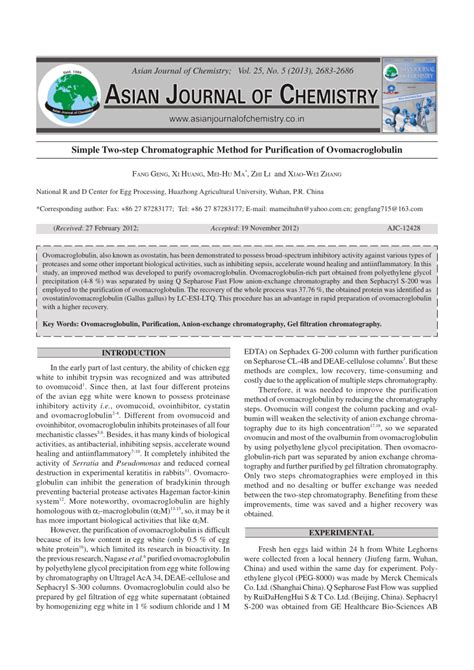 Pdf Simple Two Step Chromatographic Method For Purification Of Ovomacroglobulin