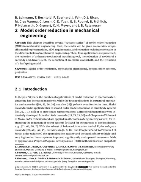 Model Order Reduction In Mechanical Engineering