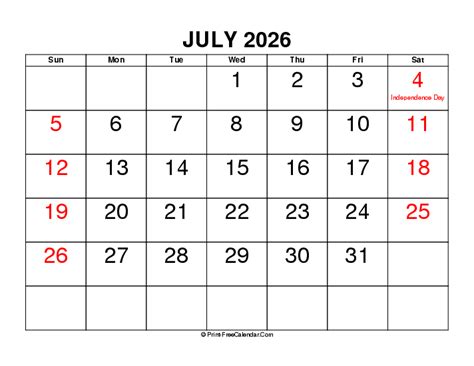 Download Large Font July 2026 Calendar With Usa Holidays Sunday Start
