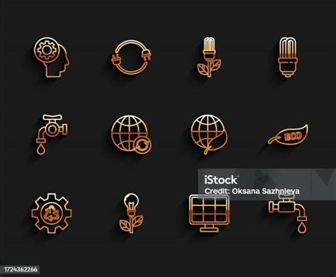 라인 재활용 기호 및 기어 잎이 있는 전구 내부 인간의 머리 태양 에너지 패널 수도꼭지 행성 지구 재활용 리프 에코 및 지구
