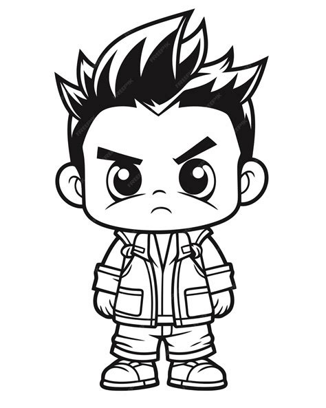 화난 얼굴을 가진 만화 소년의 색칠 페이지 프리미엄 벡터