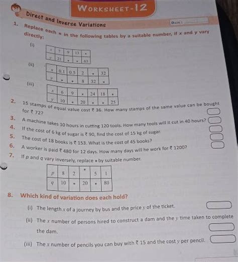 Direct And Inverse Variations 1 Replace Each ∗ In The Following Tables B
