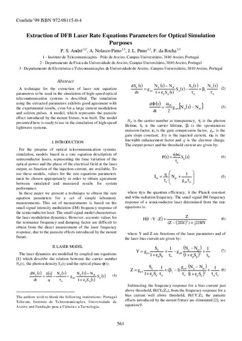 Pdf Extraction Of Dfb Laser Rate Equations Parameters For Optical Simulation Purposes