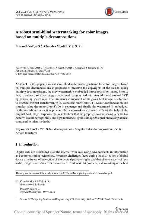 A Robust Semi Blind Watermarking For Color Images Based On Multiple Decompositions Request Pdf