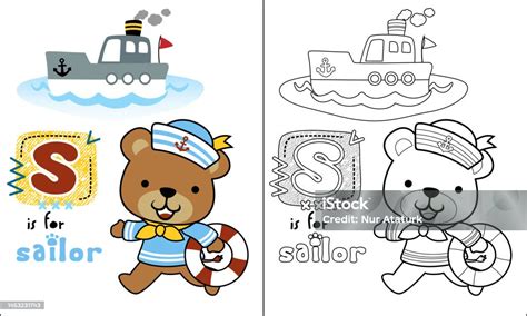 보트와 함께 생명 부표를 운반하는 선원 의상을 입은 곰 만화의 색칠하기 책 드로잉에 대한 스톡 벡터 아트 및 기타 이미지