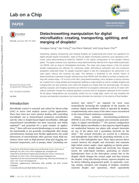 Pdf Dielectrowetting Manipulation For Digital Microfluidics Creating Transporting Splitting