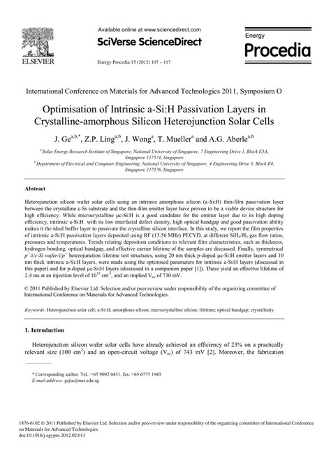 Pdf Optimisation Of Intrinsic A Sih Passivation Layers In