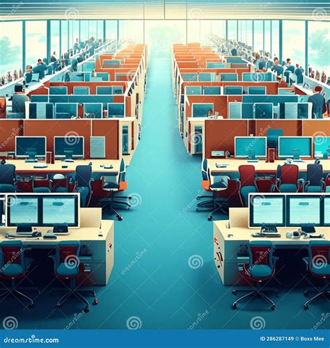 Modern Office Interior With Rows Of Computer Desks 3d Render Illustration Generative Ai Stock