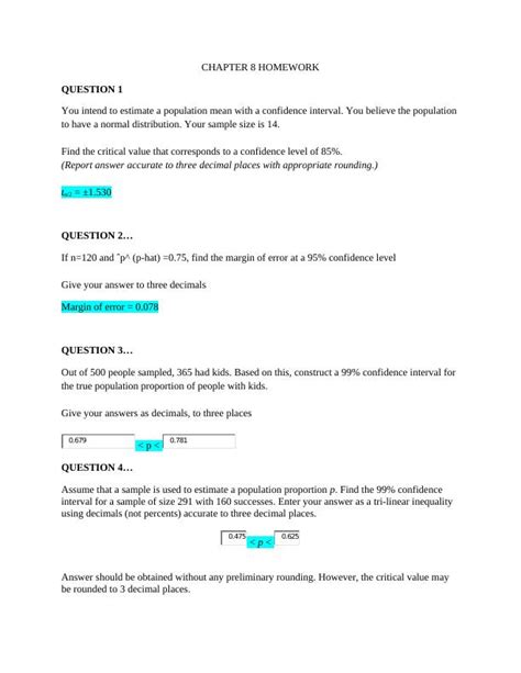 Confidence Interval Homework Solutions For Population Mean And Proportion