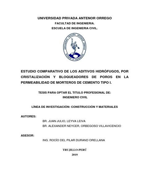 Re Ing Civil Juan Leyva Alexander Orbegoso Aditivos Hidrofugos Datos Pdf Hormigón