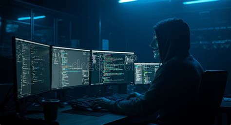 Anonymous Hacker Working Late At Night On Multiple Monitors Displaying