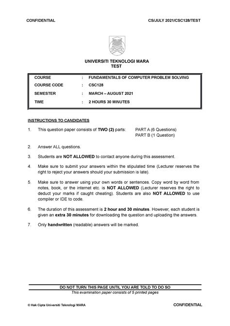 Csc128 Test July 2021 Q Example Question For Past Year Question Universiti Teknologi Mara