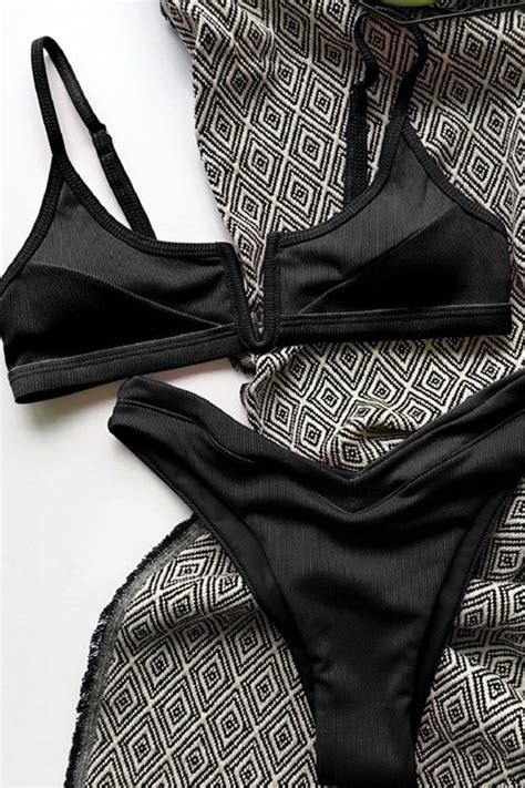 Rib V Wire V Cut High Leg Bikini Set Okanna