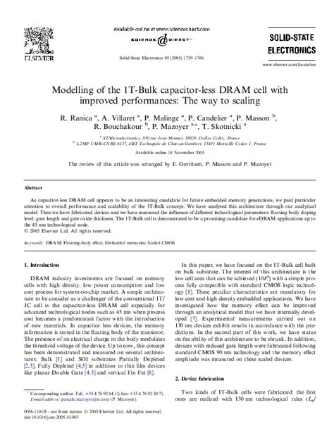 Pdf Modelling Of The 1t Bulk Capacitor Less Dram Cell With Improved Performances The Way To