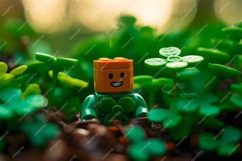 Premium Ai Image Kawaii Cartoon Lego Piece Happy Surrounded By Clovers
