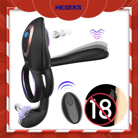 HESEKS Rechargeable Silicone Penile Trainer Delayed Ejaculation Double Penis Ring Vibrator