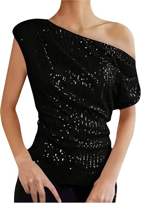 Womens Sequin One Shoulder Sparkly Tops Sexy Sparkle Party Club Shirts