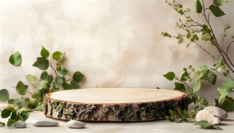 Wooden Tree Slice Surrounded By Green Leaves On A Textured Background