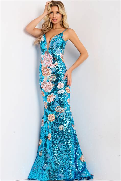 Sequin Floral V Neck Fitted Mermaid Gown 48637 Jovani