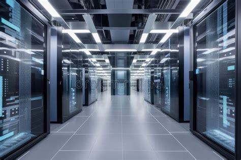 Data Center In Futuristic High Tech Setting With Glass Walls And Sleek Metal Accents Stock