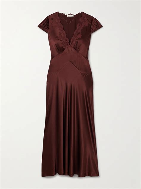 DÔen Coraline Corded Lace Trimmed Silk Satin Maxi Dress Brown Reversible