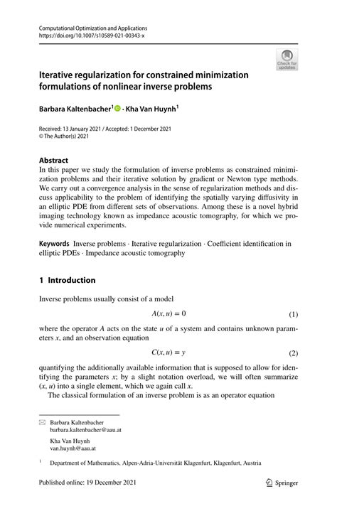 Pdf Iterative Regularization For Constrained Minimization Formulations Of Nonlinear Inverse