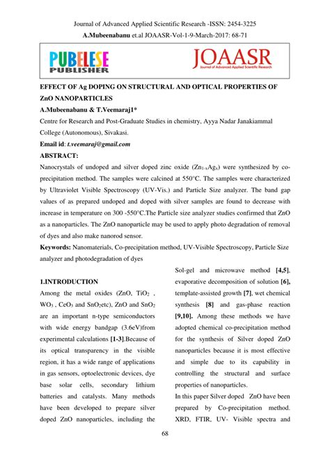 Pdf Effect Of Ag Doping On Structural And Optical Properties Of Zno Nanoparticles