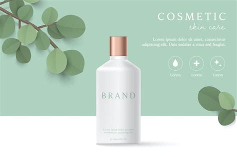 잎이 있는 녹색 배경에 화장품 및 스킨 케어 제품 광고 템플릿 프리미엄 벡터