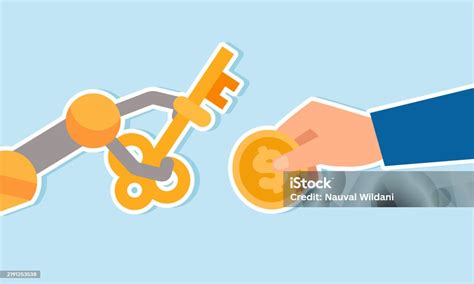 로봇의 손은 열쇠를 쥐고 있고 사업가의 손은 달러 동전을 들고 있는데 이는 Ai로부터 비즈니스 솔루션을 얻는 데 필요한 비용을 보여줍니다 가격에 대한 스톡 벡터 아트 및