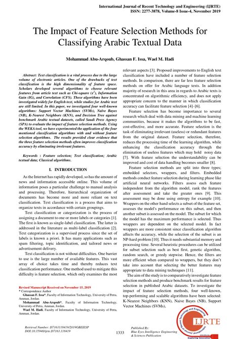 Pdf The Impact Of Feature Selection Methods For Classifying Arabic