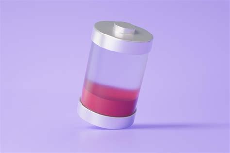 보라색 배경에 고립 된 3d 아이콘 배터리 부족 빨간색 상태 수준 배터리 에너지 기호 충전 표시기 번개 최소 만화 스타일 3d