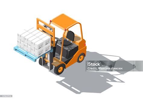 흰색 배경에 분리 된 팔레트와 상자가있는 등색 지게차 트럭 포크 로더 물류 회사 창고 3d 화물 배달 인포그래픽 포크가 들어 올리고 낮아진 지게차 3차원 형태에 대한 스톡