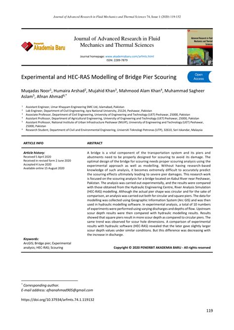 Pdf Experimental And Hec Ras Modelling Of Bridge Pier Scouring