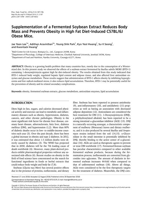 Pdf Supplementation Of A Fermented Soybean Extract Reduces Body Mass And Prevents Obesity In