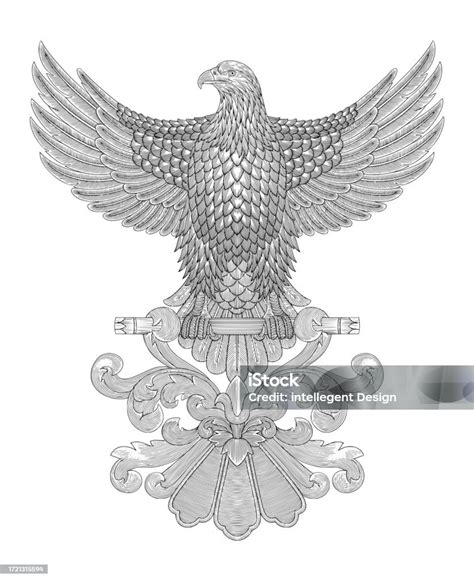 대머리 독수리는 날개를 펼치고 꽃 장식 위에 서 있고 빈티지 조각 그리기 스타일 골동품 디자인 벡터 일러스트레이션 독수리에 대한 스톡 벡터 아트 및 기타 이미지 Istock