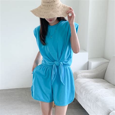 테리 타올 민소매 묶음 나시 밴딩 반바지 바캉스 물놀이 해변 비치웨어 세트