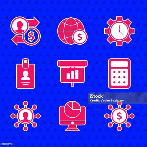 그래프 인포그래픽 컴퓨터 모니터 달러 공유 네트워크 계산기 비즈니스 및 통신 식별 배지 시간 관리 및 작업 프로모션 교환 머니 아이콘을 설정합니다 벡터 개념에 대한 스톡