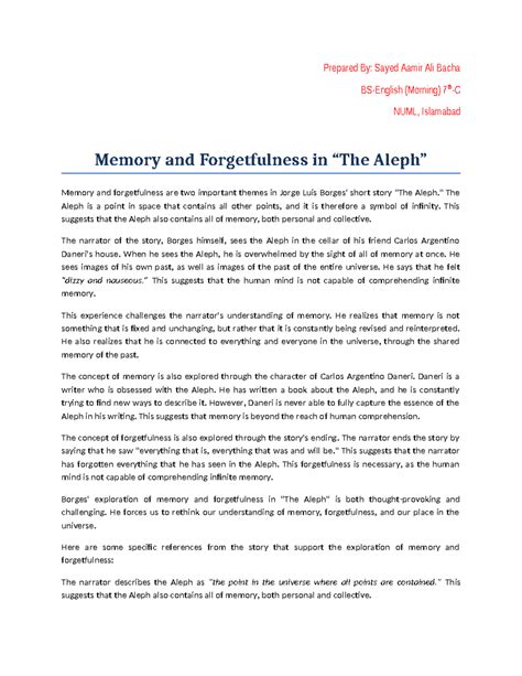 Memory And Forgetfullness In The Aleph Prepared By Sayed Aamir Ali