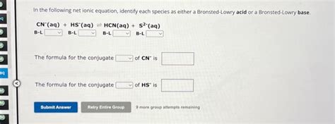Solved In The Following Net Ionic Equation Identify Each Chegg Com