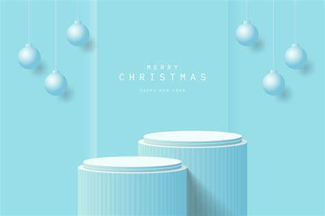 현대 파란색 실린더 연단 받침대 또는 제품 진열대에는 크리스마스 공이 배경에 매달려 있습니다 스튜디오의 벽 장면 프로모션 데이를 위한 3d 벡터 기하학적 형태 디자인