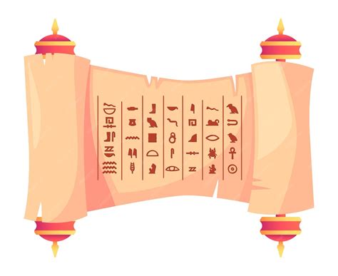 상형 문자와 함께 오래 된 파피루스 이집트 문화 종교 기호 골동품 이집트 문명 역사적 쓰기 벡터 일러스트와 함께 고대 원고 스크롤 프리미엄 벡터
