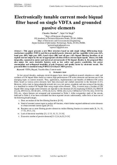 Pdf Electronically Tunable Current Mode Biquad Filter Based On Single