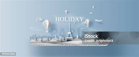 파노라마 여행 휴가 랜드 마크 풍경 에펠 탑 파리 도시 프랑스의 종이 공예 및 컷 스타일크리에이티브 종이 접기 여행 축제 시즌 계획 여행 개념 휴가 파티 일러스트벡터