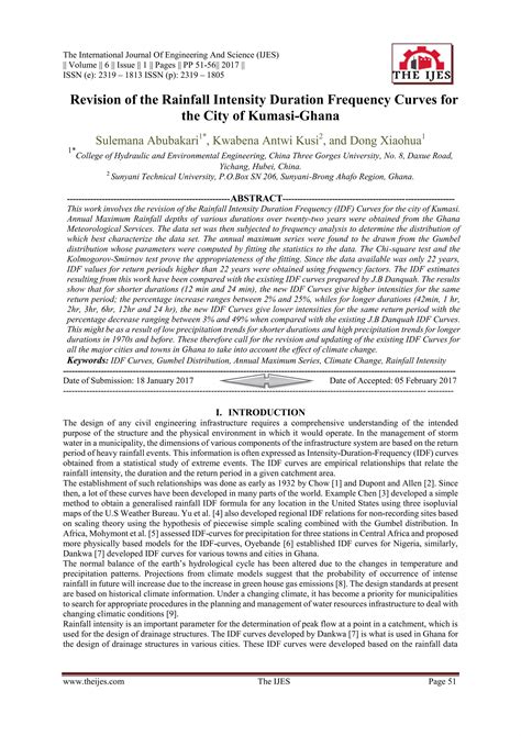 Revision Of The Rainfall Intensity Duration Frequency Curves For The City Of Kumasi Ghana Pdf